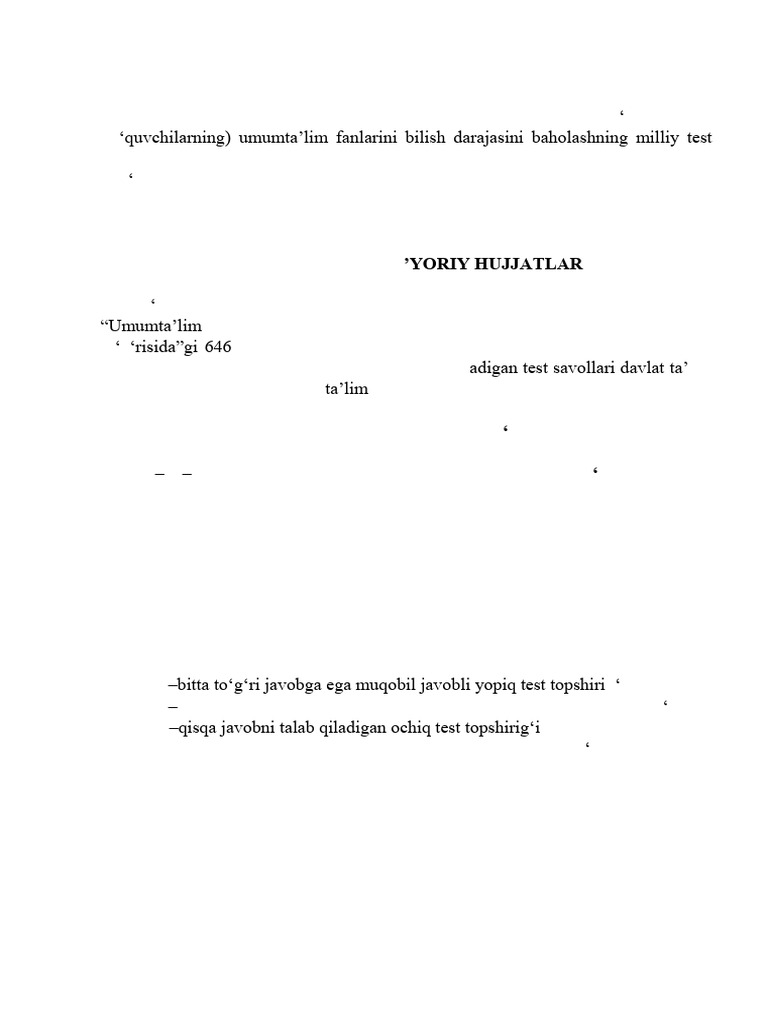 Kimyo MS Spetsifikatsiya (Yozma Ish) | PDF