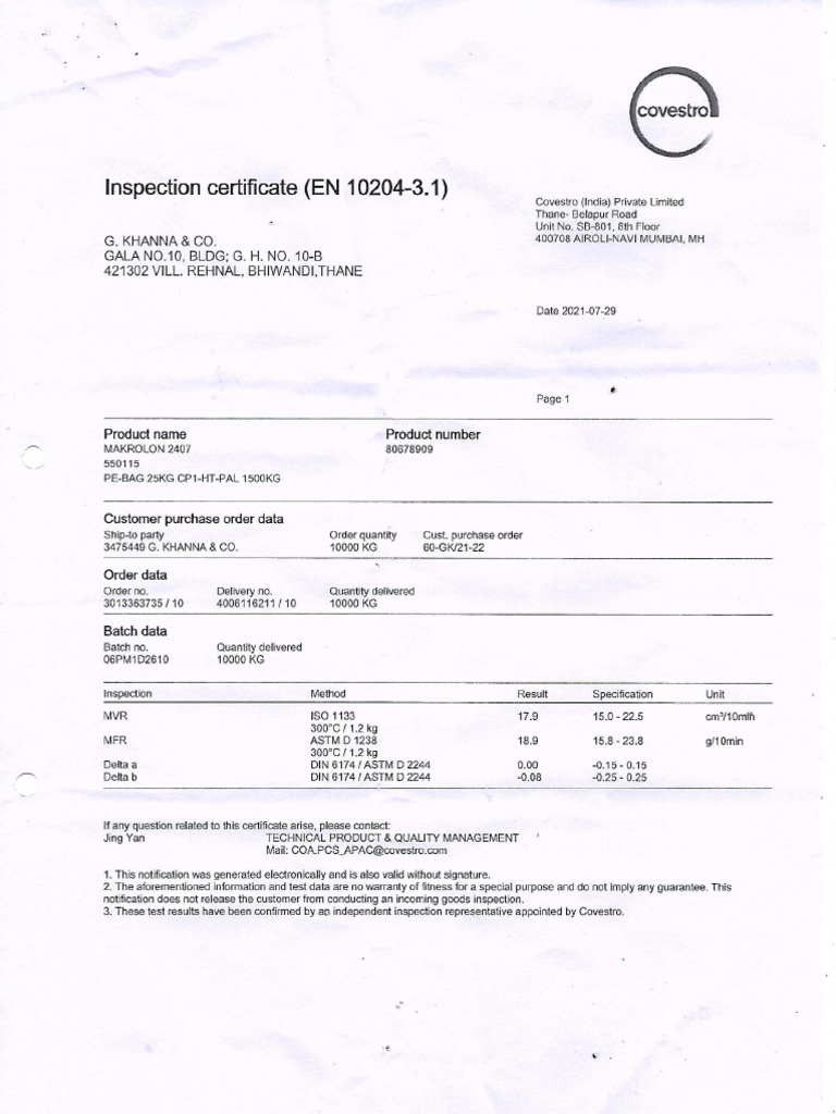Test Certificate of Uv Stabilized PC 2407 - 21-10-2021 | PDF