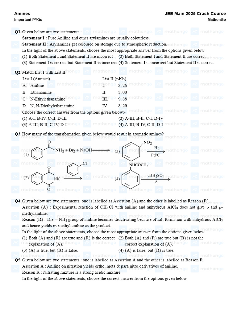 Important PYQs - Amines | PDF | Amine | Molecules
