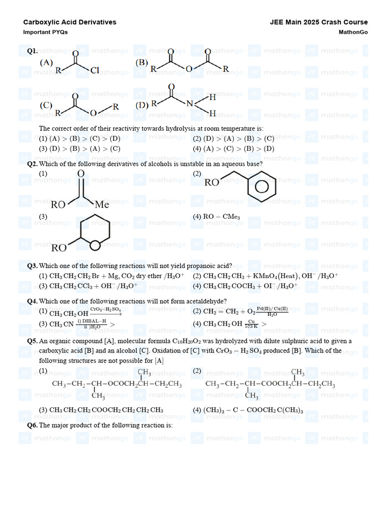 Carboxylic Acid Derivatives: Key PYQs | PDF | Ester | Amide