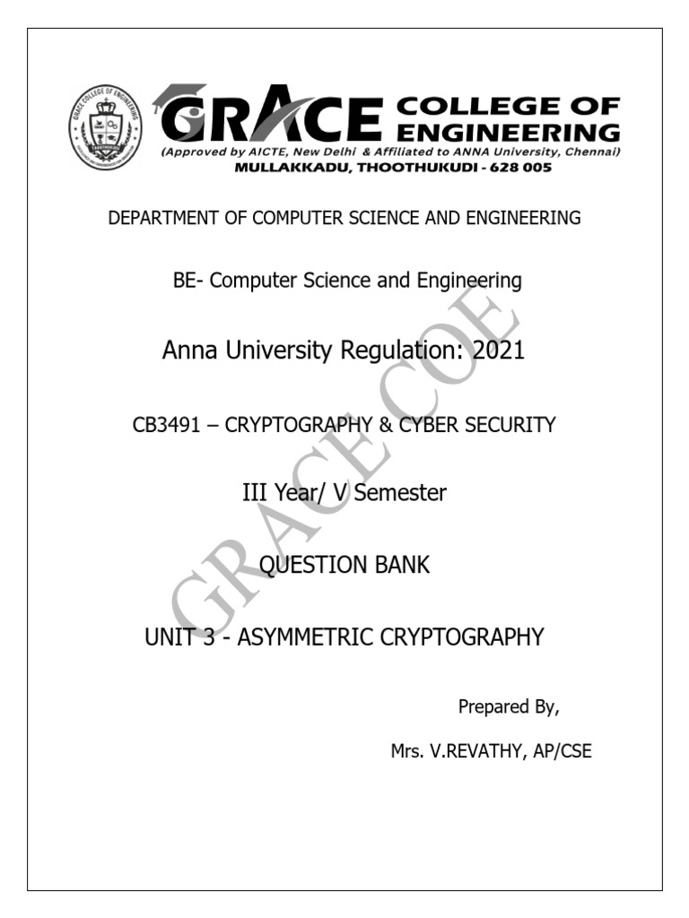 III Cse Cb3491 Ccs QB Unit 3 | PDF | Public Key Cryptography | Key (Cryptography)