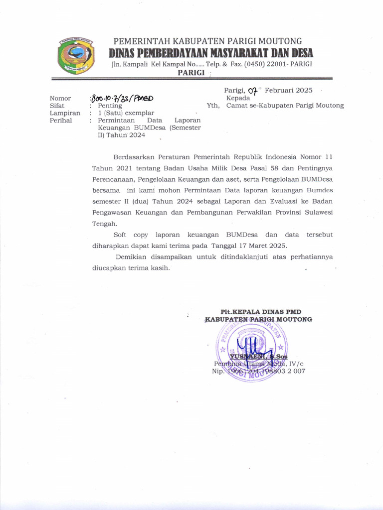 Permintaan Data Laporan Keuangan Bumdes | PDF