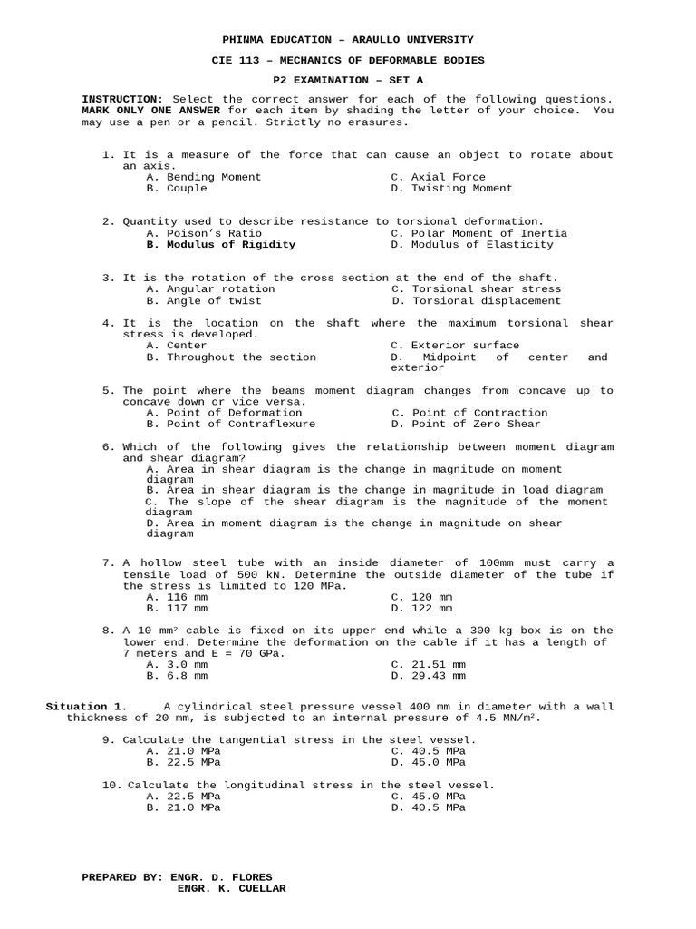 Cie-113-P2-Examination (Set A) | PDF | Stress (Mechanics) | Physical Sciences