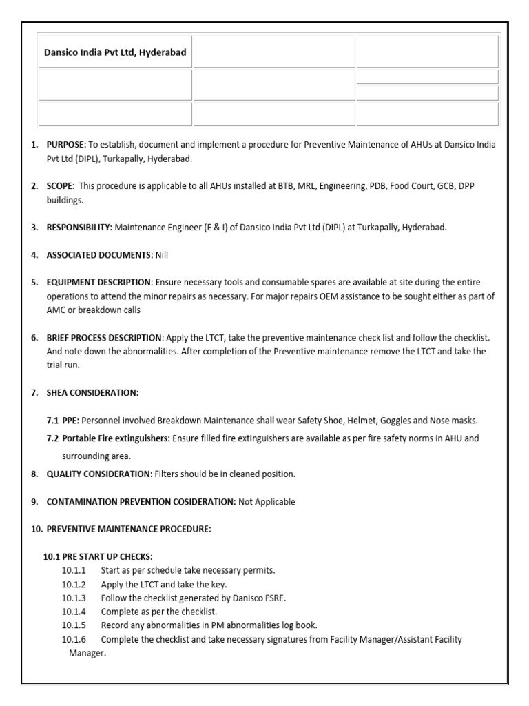 Hvac Sop 3 - PM of Ahu's PDF | PDF | Safety | Equipment