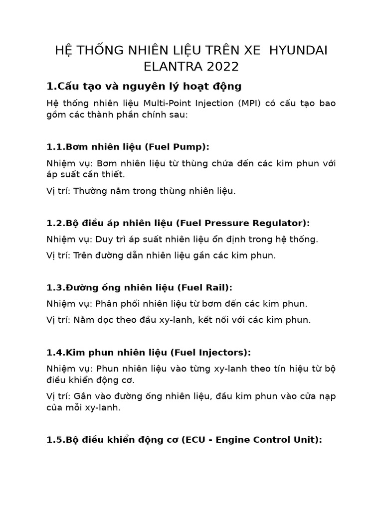 HỆ THỐNG NHIÊN LIỆU TRÊN XE HYUNDAI ELANTRA 2022 | PDF
