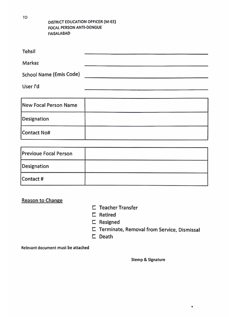 Proforma For Updation of New Anti-Dengue Focal Person | PDF