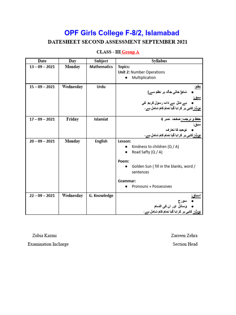 2nd Assessment Date Sheet group A, B Class III September 2021.docx | PDF