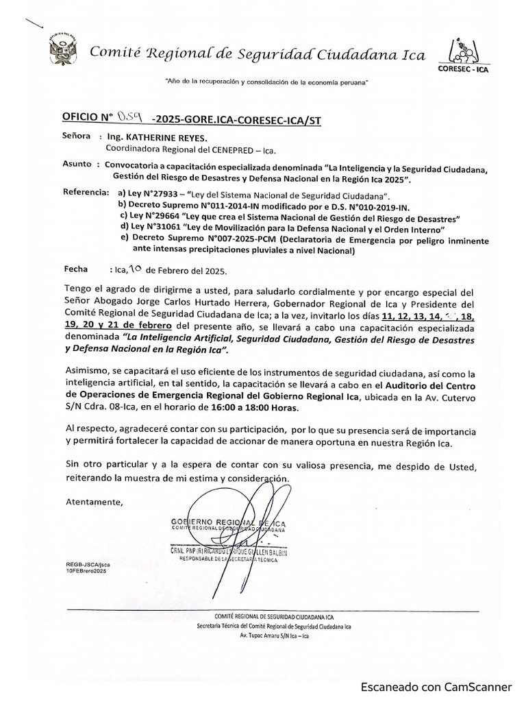 Oficio n059 2025 Gore.ica Coresec Ica St | PDF