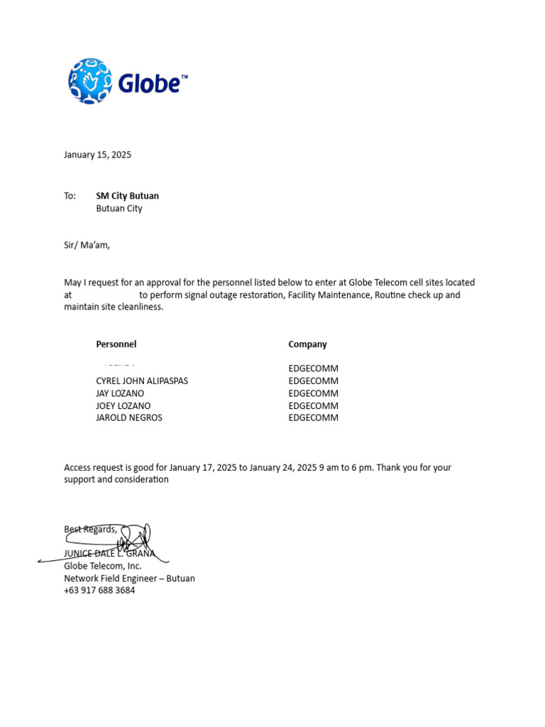 Globe Telecom Site Access Request | PDF