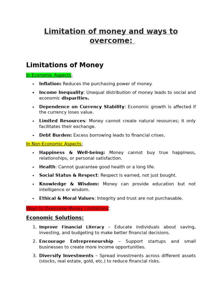 Limitation of Money and Ways To Overcome | PDF | Money | Economic ...