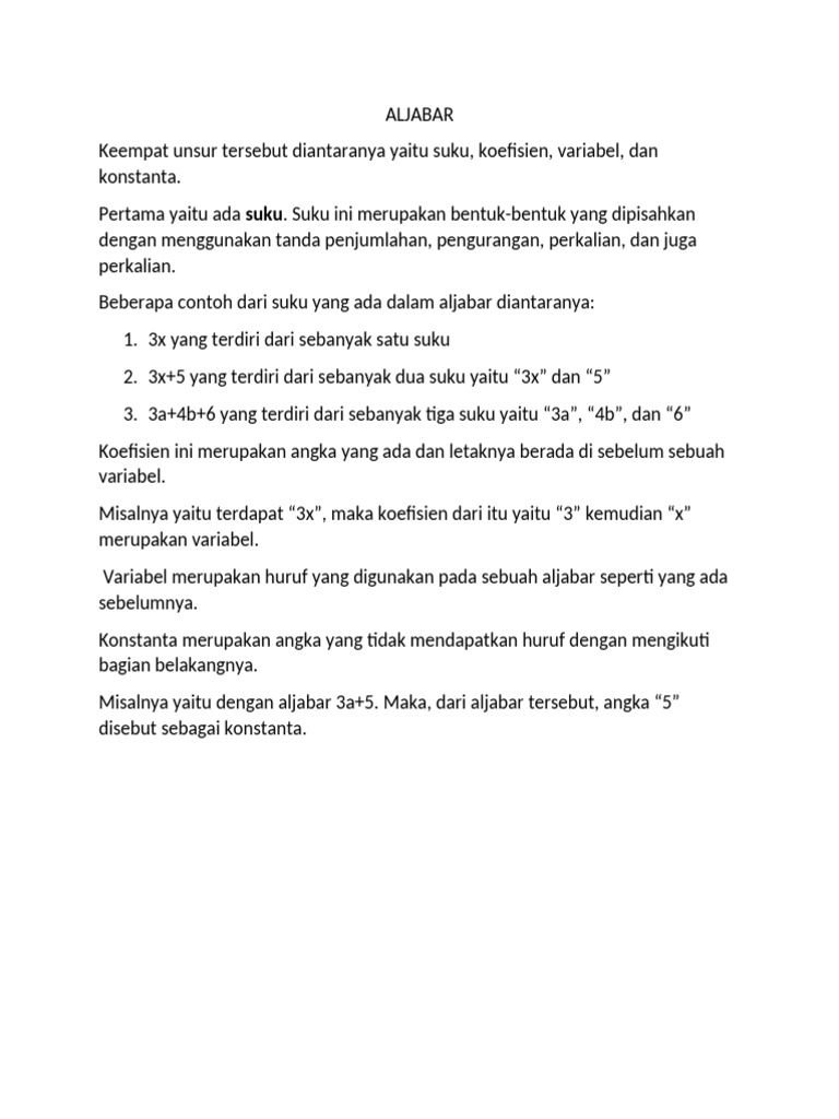 Unsur-Unsur Aljabar: Suku, Koefisien, Variabel, Konstanta | PDF
