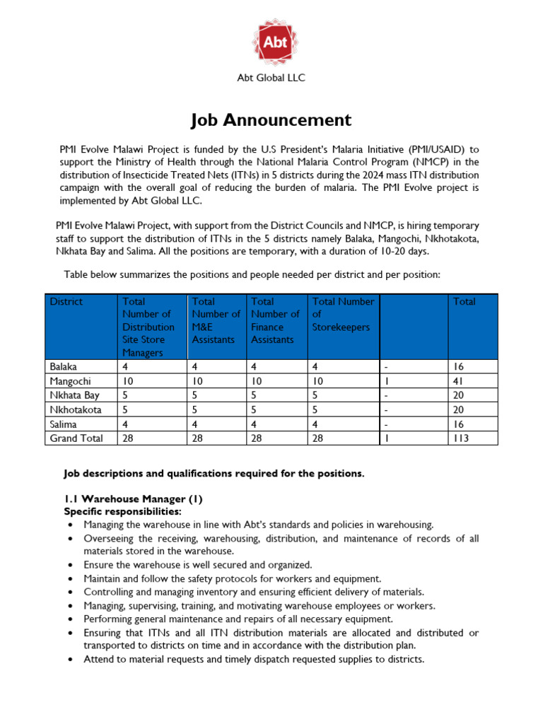 Group 1 - Advert For PMI Evolve Support Staff For ITN Mass Campaign ...