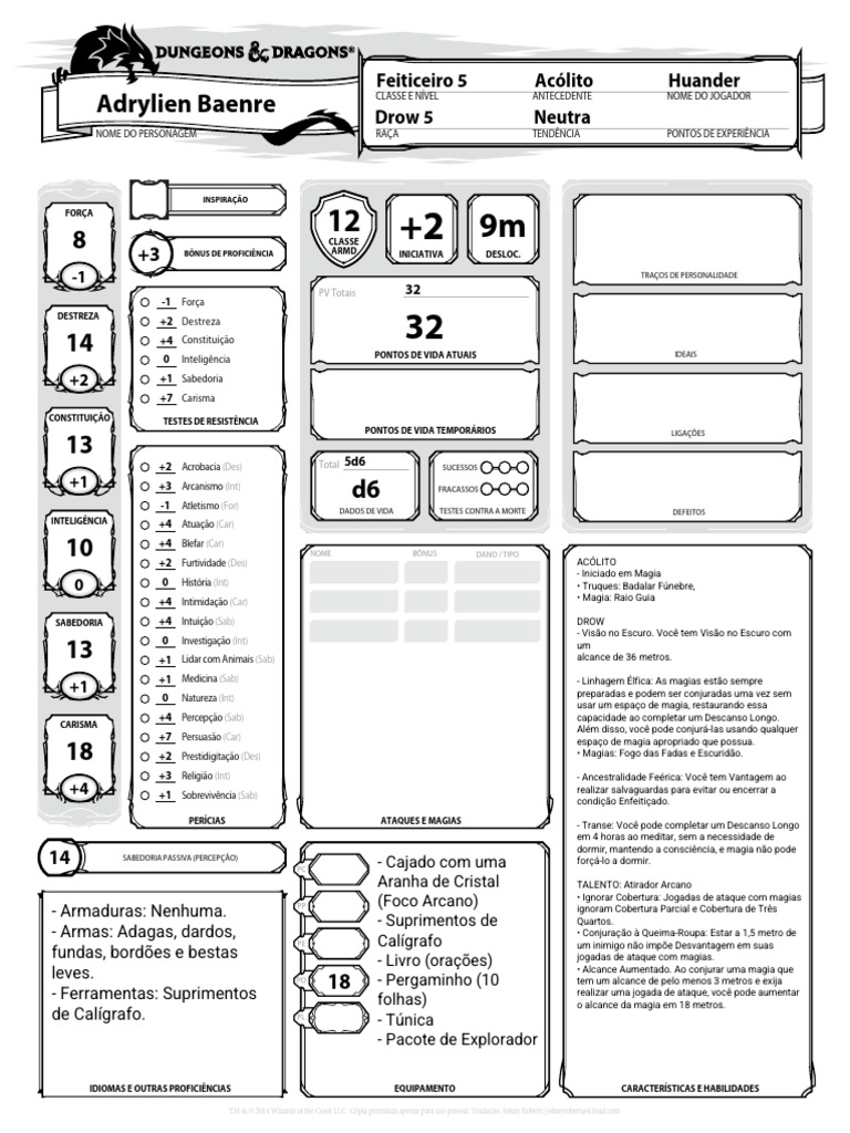 Ficha Adrylien Baenre (Feiticeiro Drow) | PDF