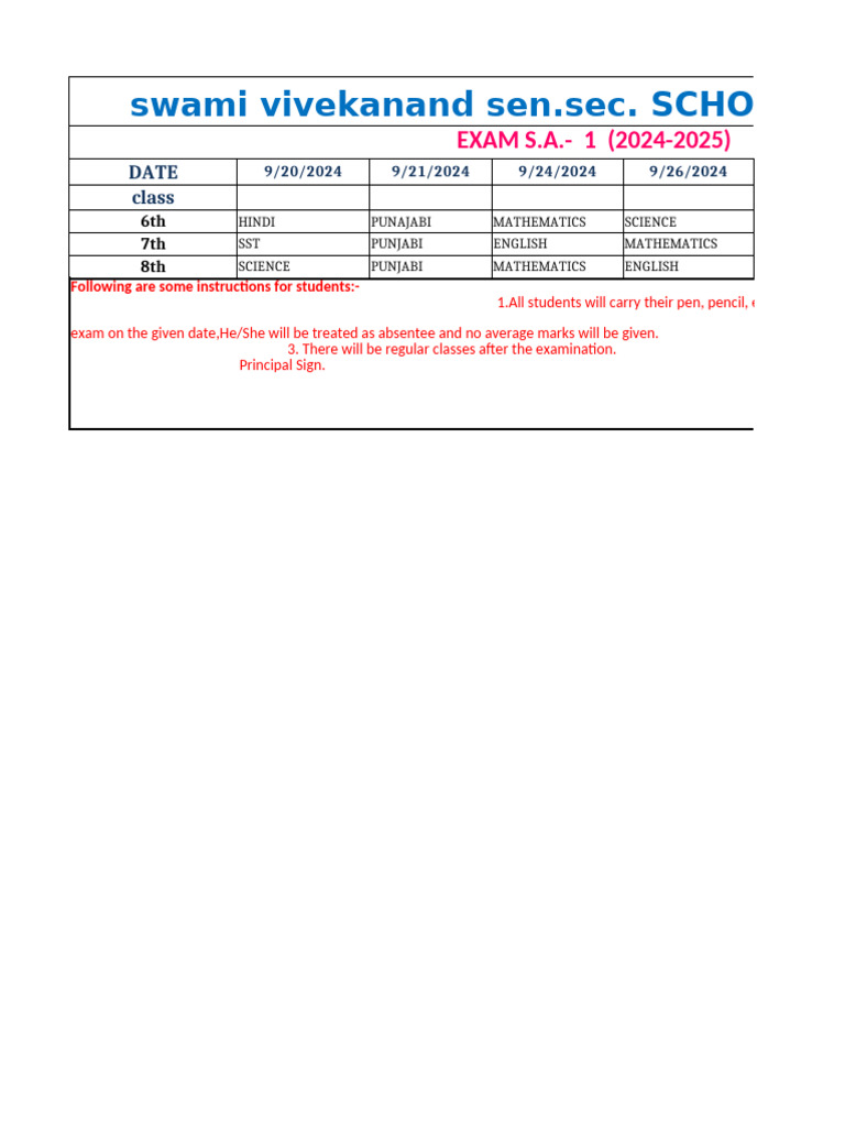 Sa1 Date Sheet 6 To 8 | PDF