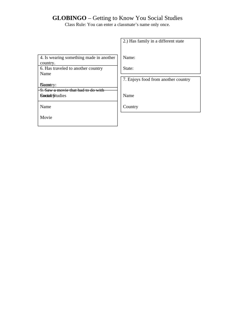 GLOBINGO: Social Studies Icebreaker Game | PDF