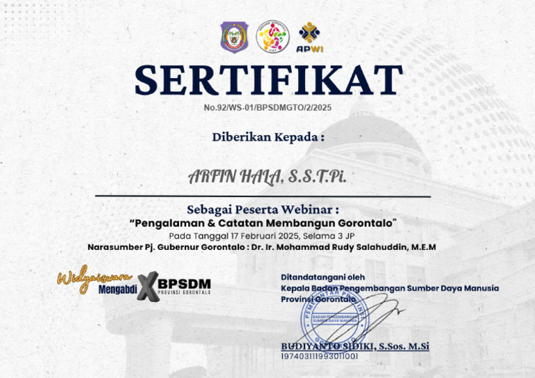 Sertifikat ARFIN HALA, S.S.T.Pi. | PDF