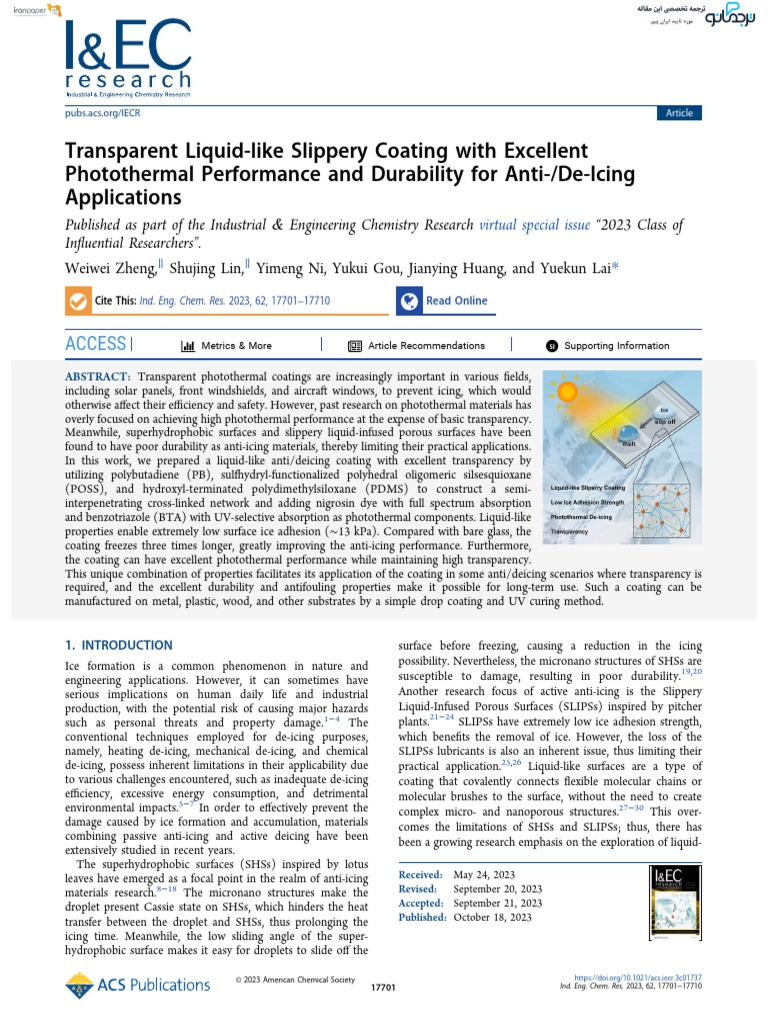 Transparent Liquid-Like Slippery Coating With ExcellentPhotothermal Performance and Durability ...