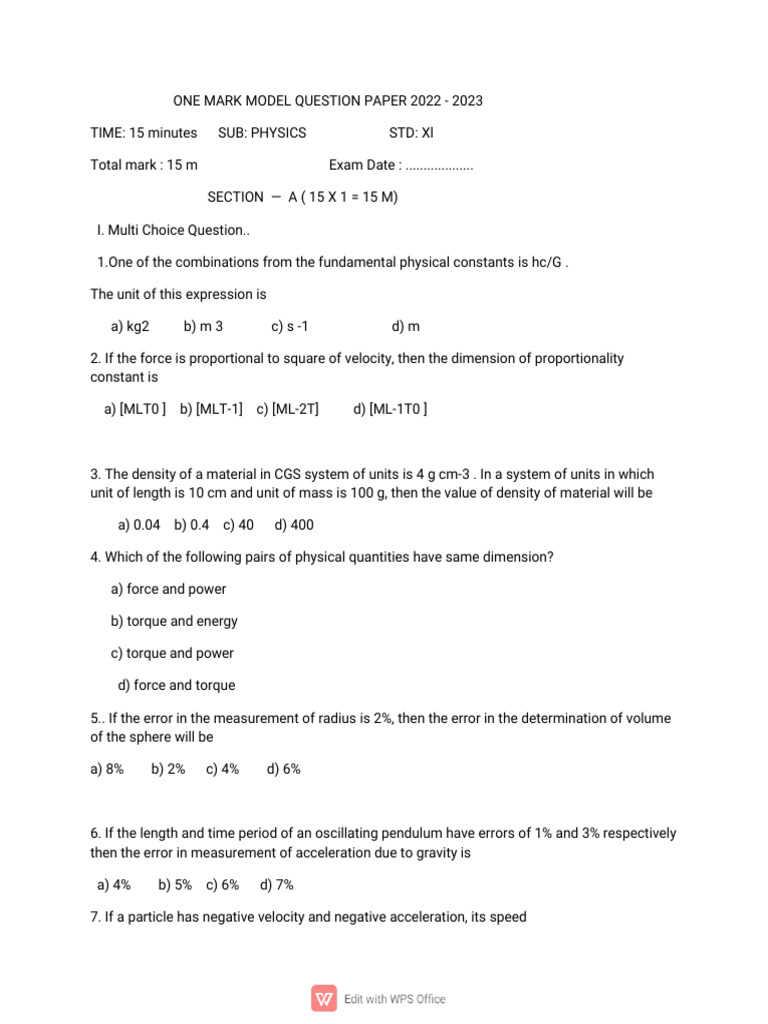 Physics One Mark Question Paper 2022-23 | PDF