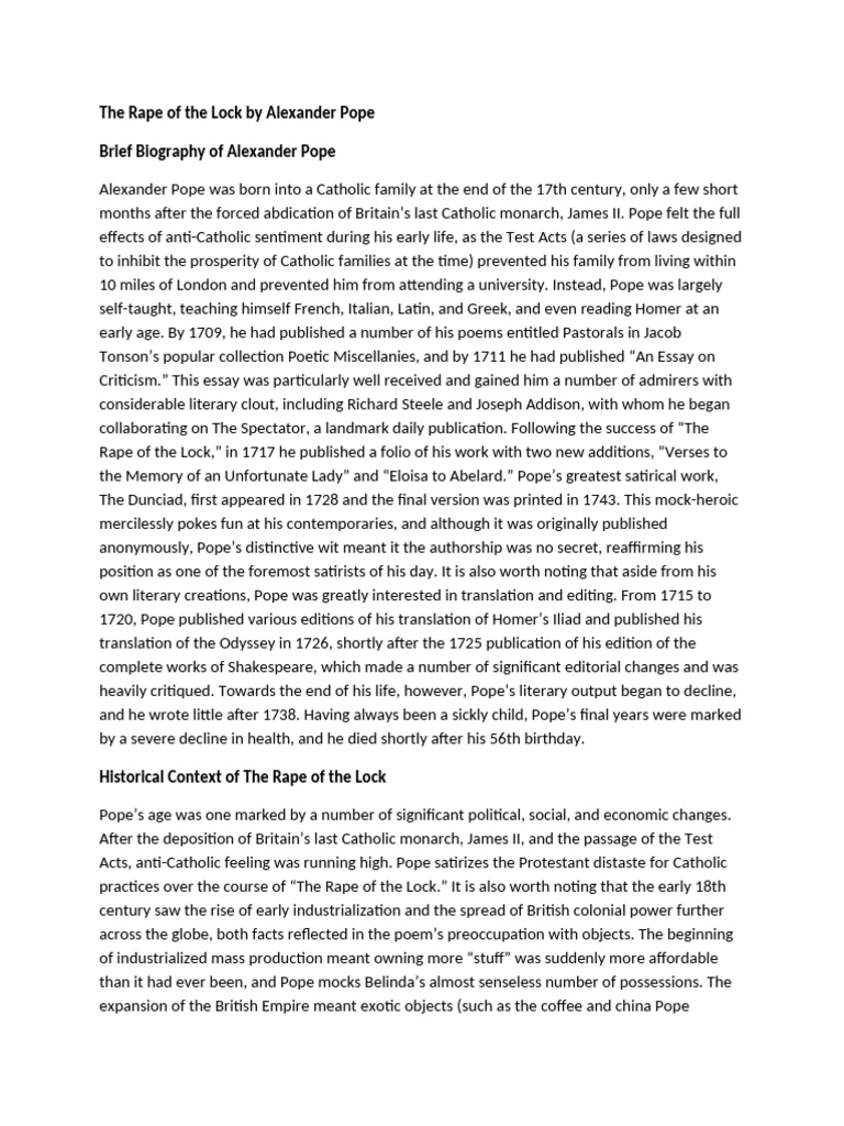 Overview of Alexander Pope's "The Rape of the Lock" | PDF | Alexander Pope