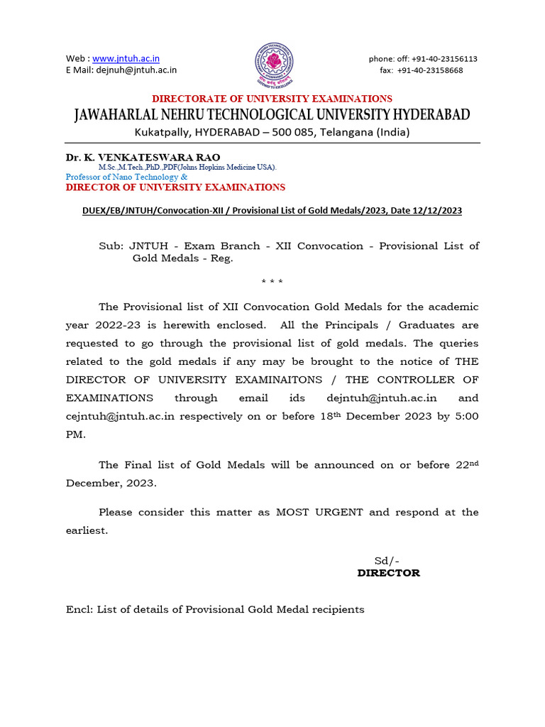 Provisional List of 12 Convocation Gold Medals 2022 23 | PDF | Engineering