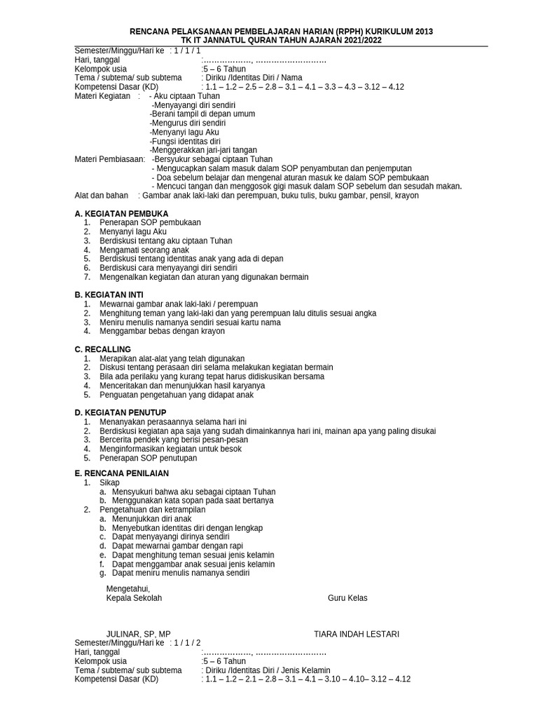 RPPH TK-B SMT1 Minggu - 01 - Identitas Diri | PDF