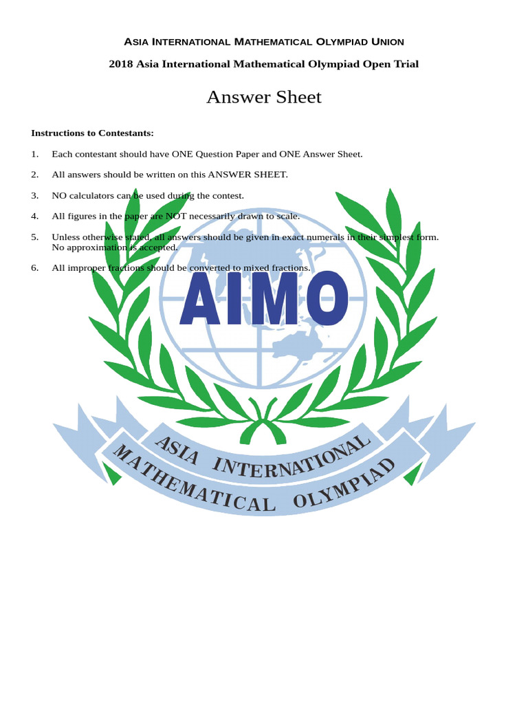 2018 AIMO Trial - Ans Sheet | PDF | Mathematics