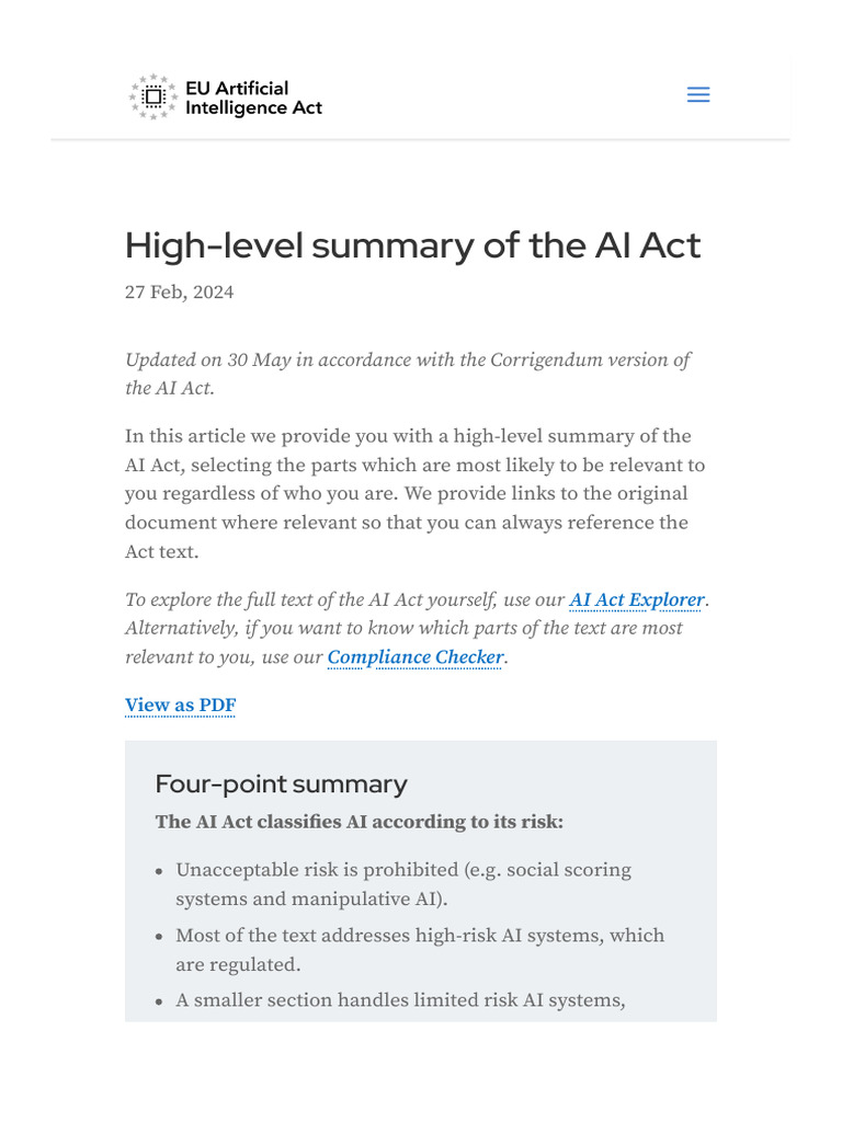 High-Level Summary of the AI Act | PDF | Artificial Intelligence ...