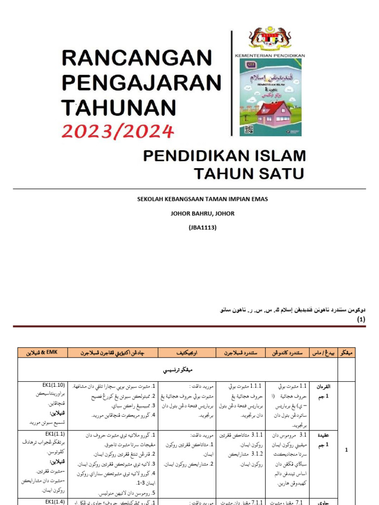 RPT PENDIDIKAN ISLAM TAHUN 1 2023-2024 | PDF