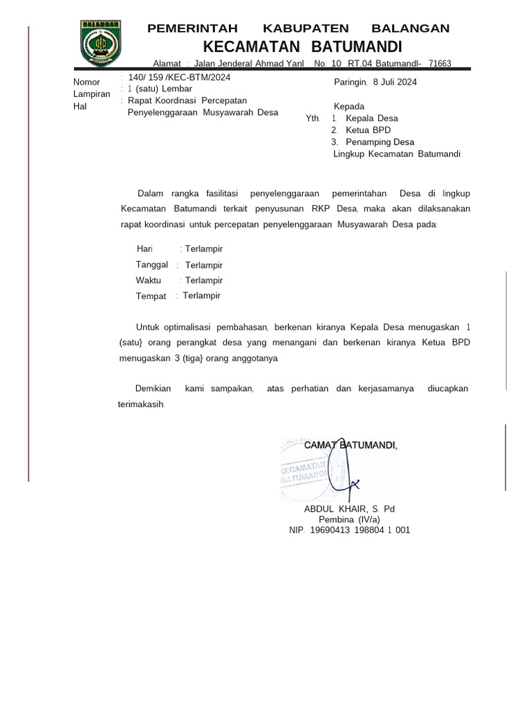 Undangan Rakor Percepatan Musdes | PDF