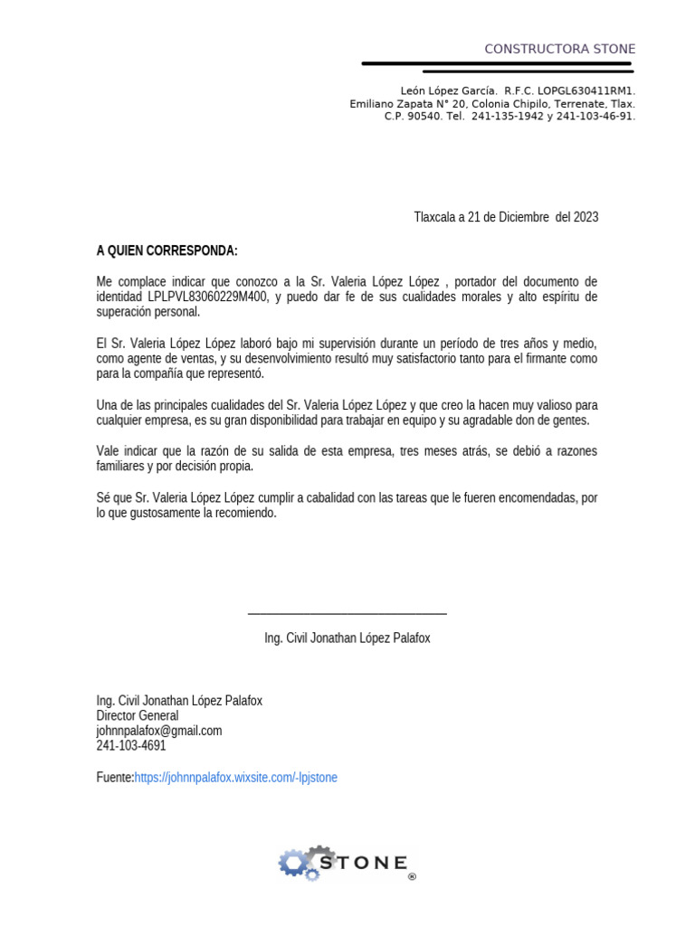 Carta de Recomentacion Stone | PDF