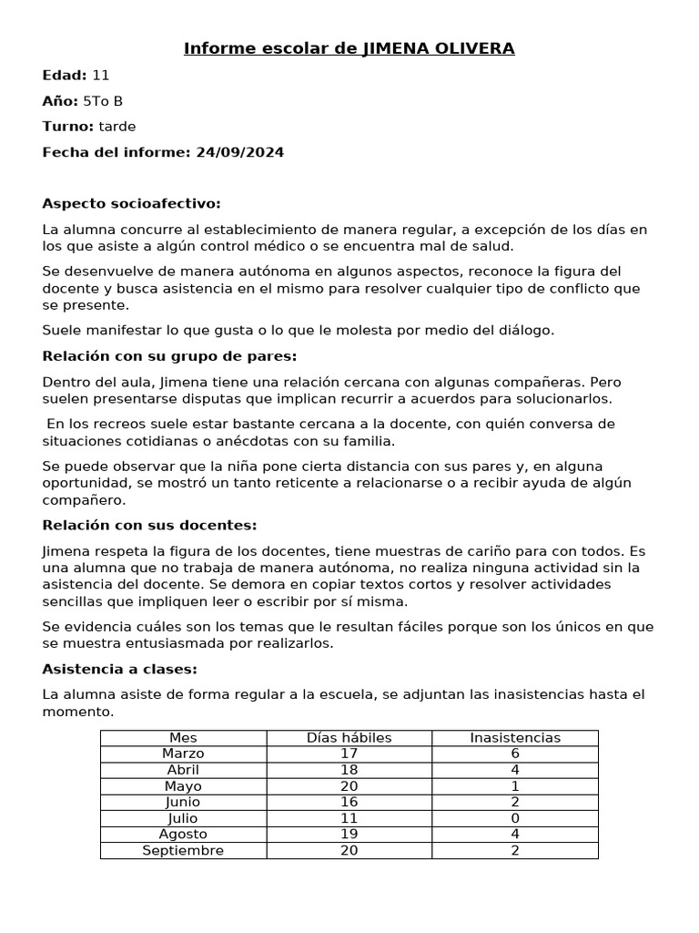 Informe escolar JIMENA OLIVERA | PDF | Aprendizaje | Cognición