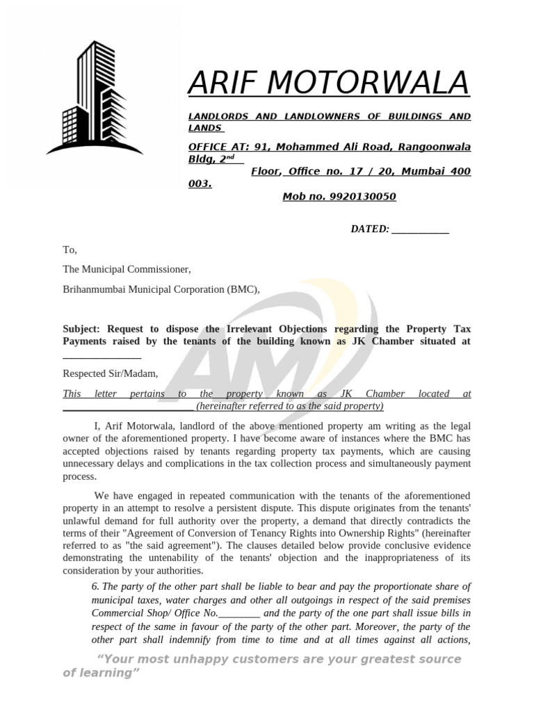 Letter To BMC To Cancel The Tenant Objections JK Chamber | PDF ...