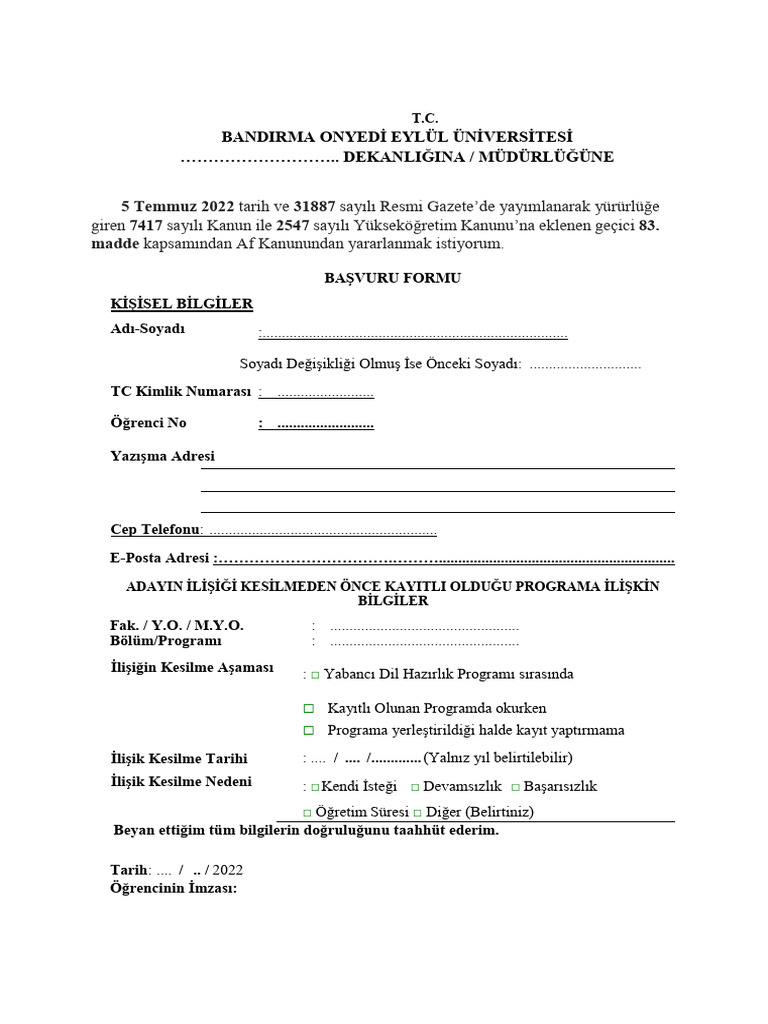 Önlisans Lisans Başvuru Formu | PDF