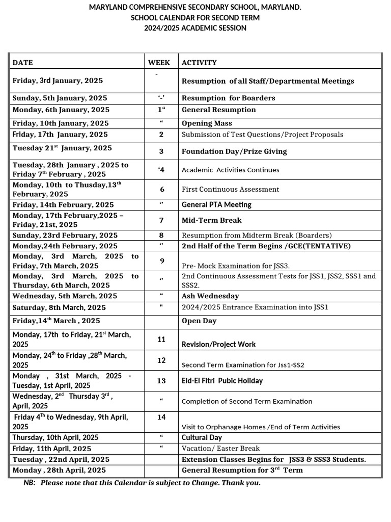Second Term Calendar 2024 -2025_055003 | PDF