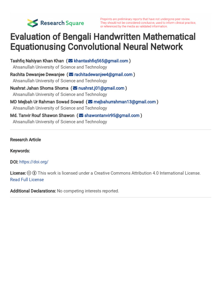 Evaluation of Bengali Handwritten Mathematical Equ | PDF | Optical ...