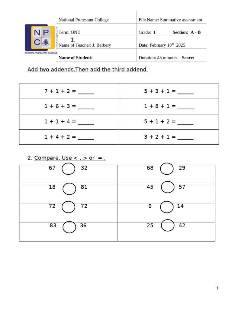 Grade 1 Revision Worksheet | PDF