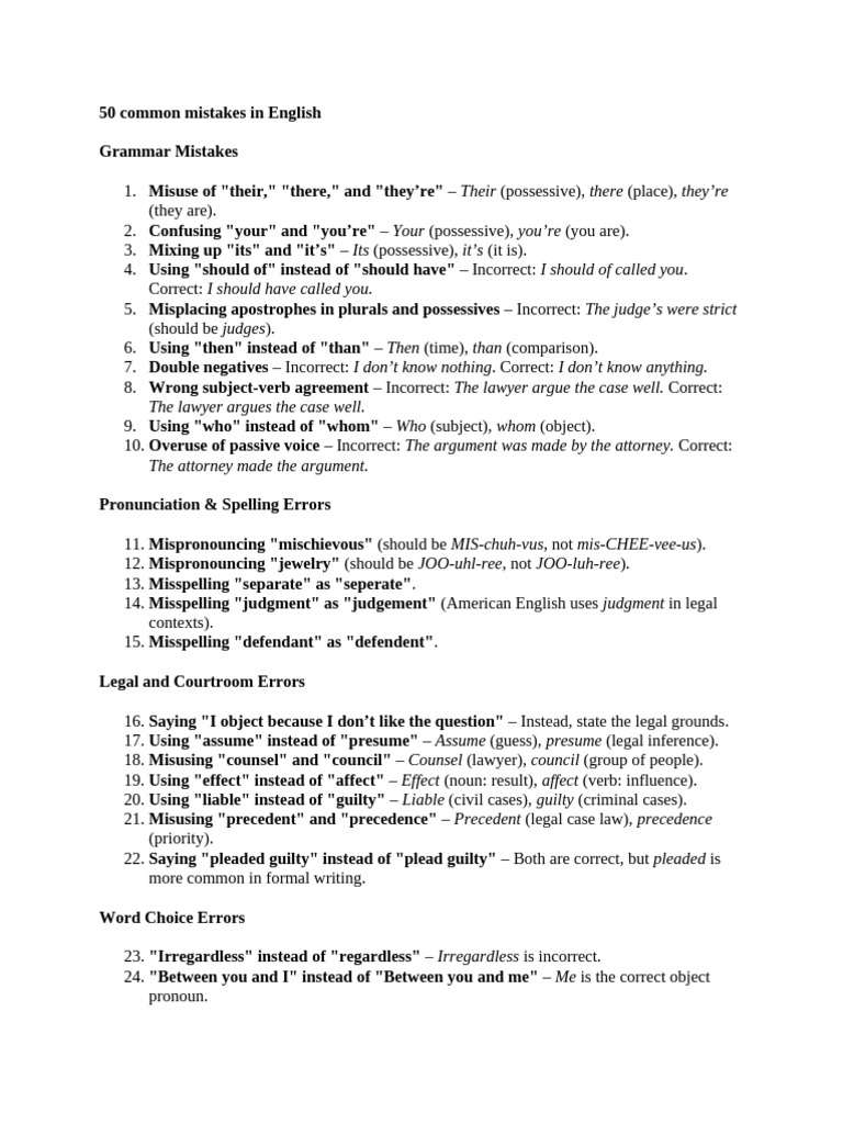 50 Common Mistakes in English | PDF | Verb | Linguistics