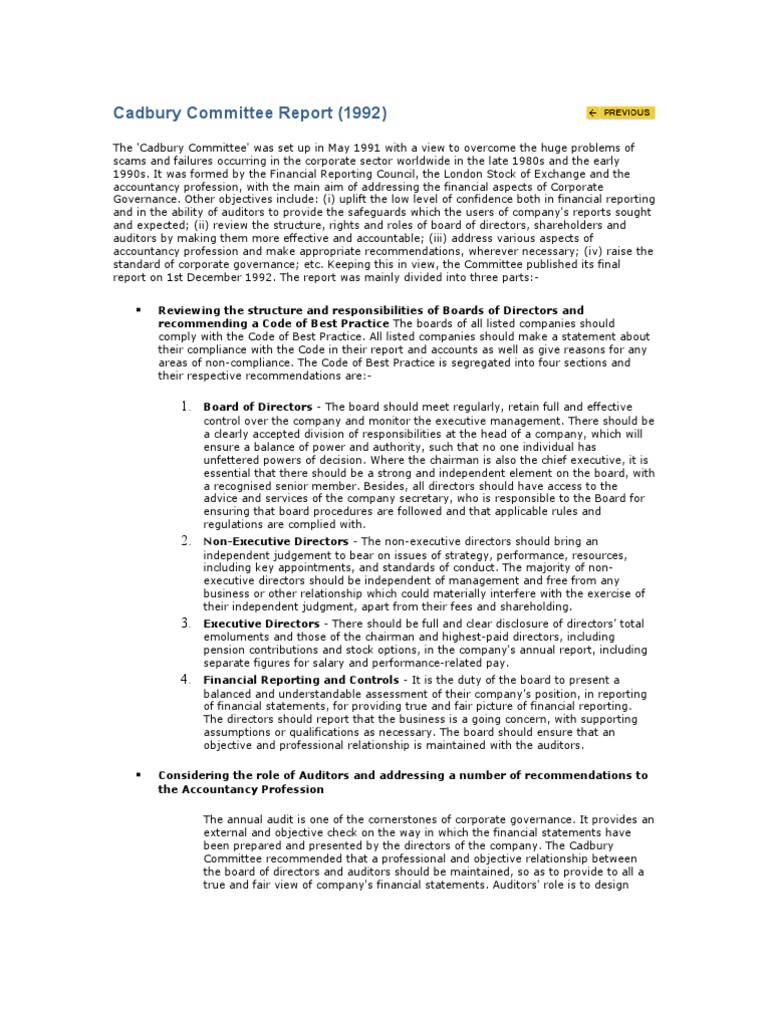 Cadbury Committee Report Overview 1992 | PDF | Board Of Directors ...