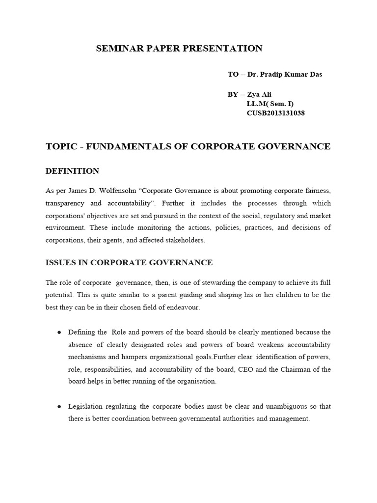 Fundamentals of Corporate Governance (Seminar Presentation) | PDF | Corporate Governance ...