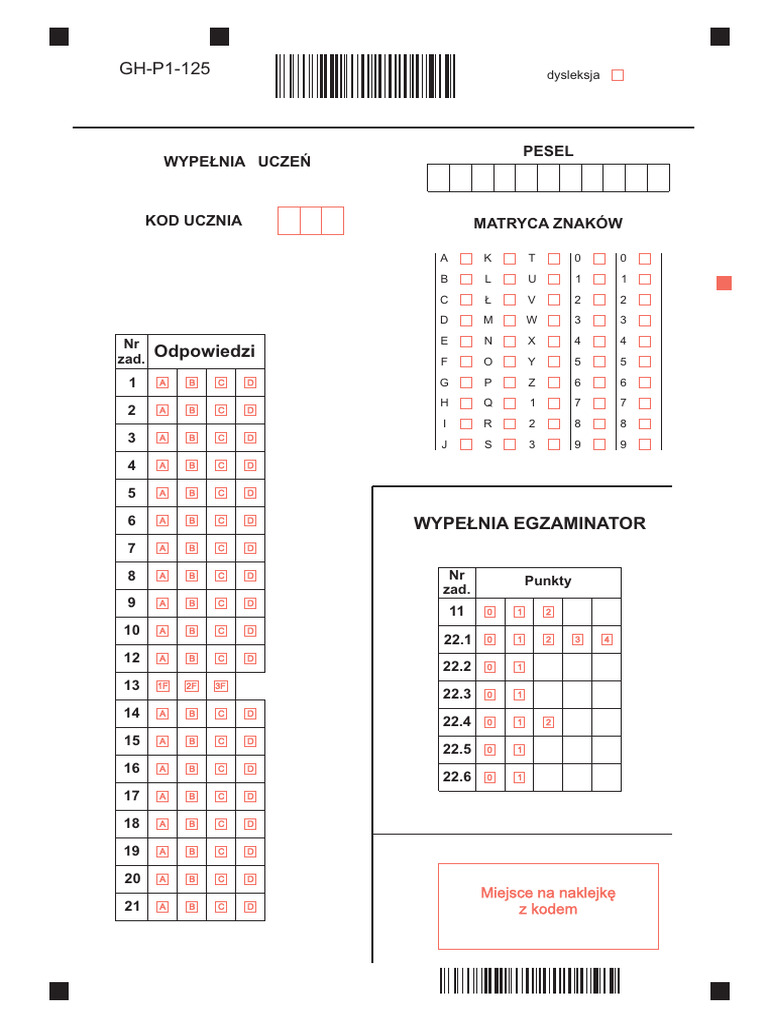 KARTA ODPOWIEDZI GH-PA1-125 (Arkusza) | PDF