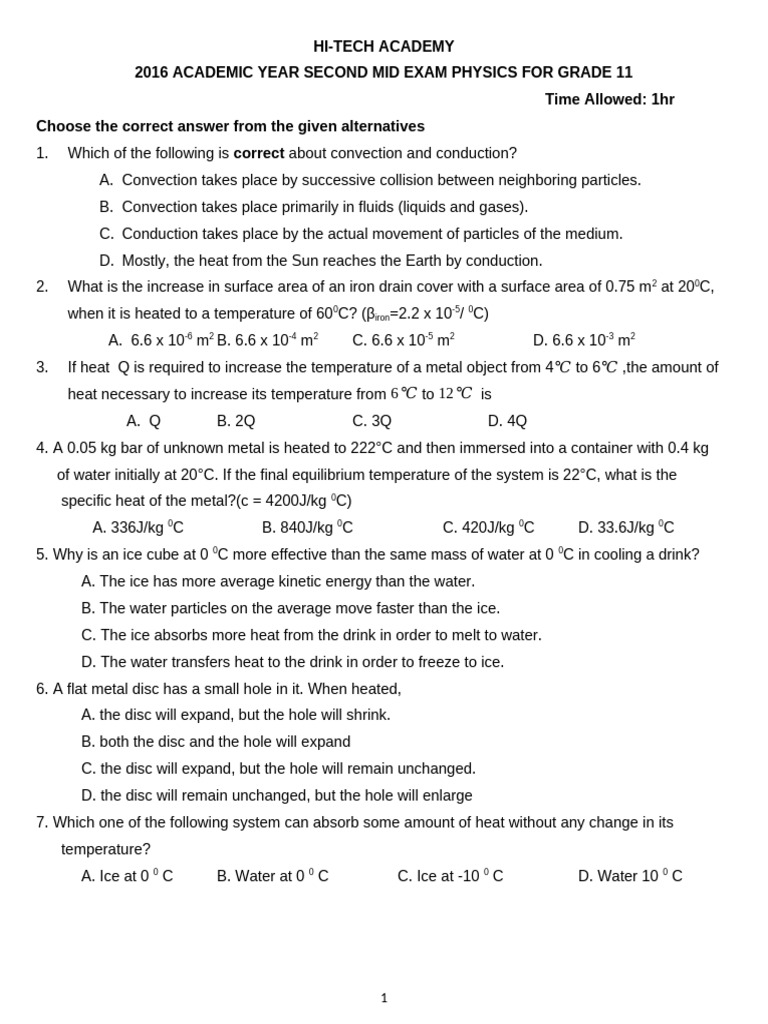 Grade 11 Physics Mid Exam Questions | PDF | Heat | Thermal Conduction