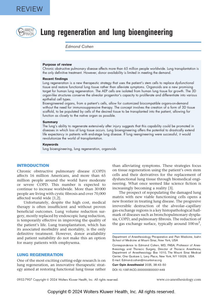 Lung Regeneration and Bioengineering Advances | PDF | Tissue ...