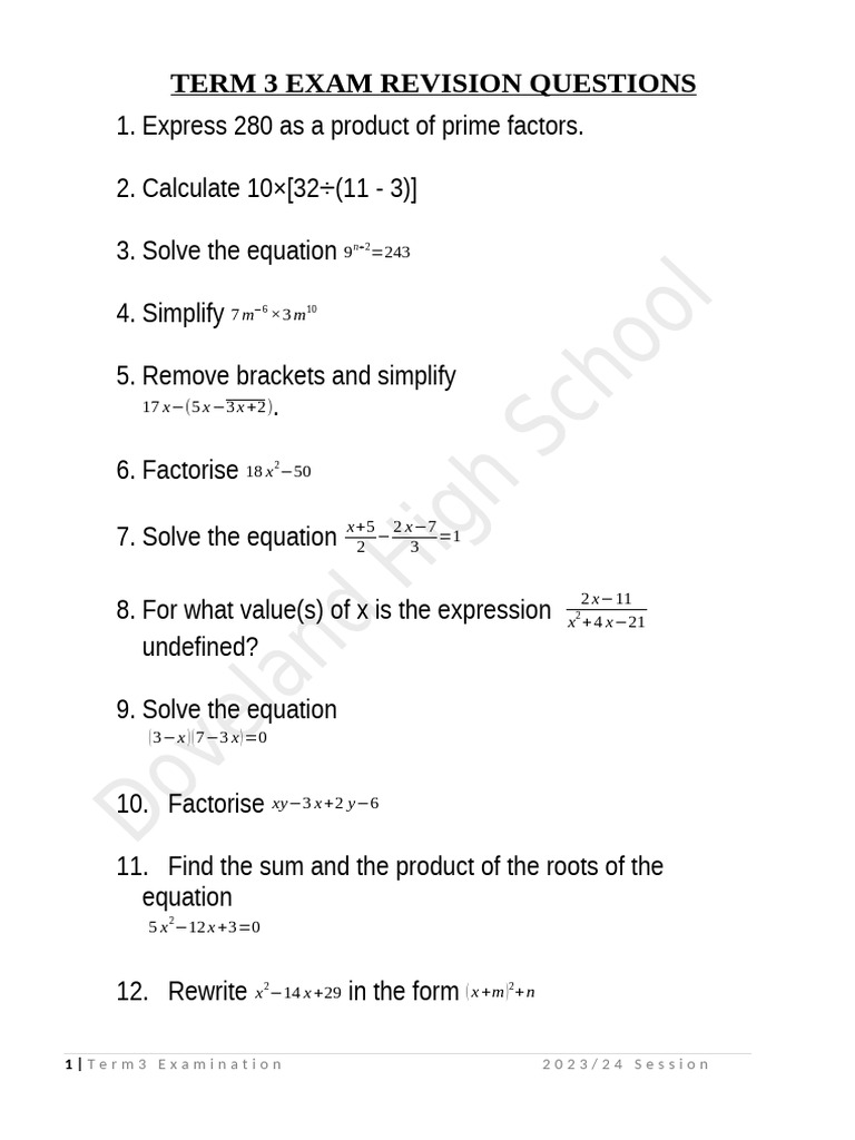 TERM 3 REVISION QUESTIONS | PDF | Factorization | Algebra