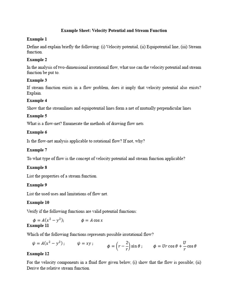 Velocity Potential and Stream Function Examples | PDF