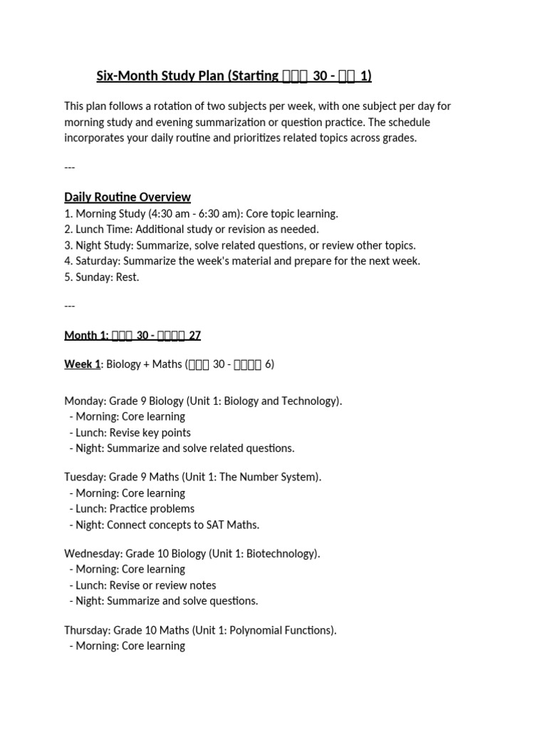 6 Month Study Plan | PDF | Chemistry | Sat