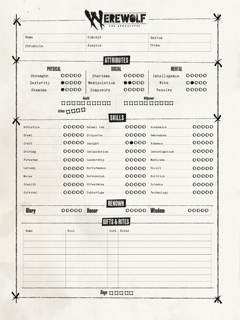 W5 Core Digital Character Sheets V2 | PDF
