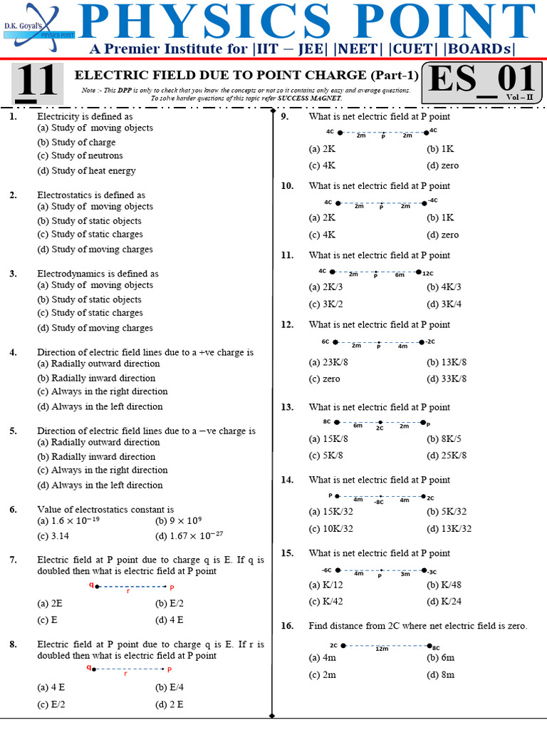 ES DPP 01 (Electric field due to point charge (1-D) | PDF | Electric Field | Applied And ...