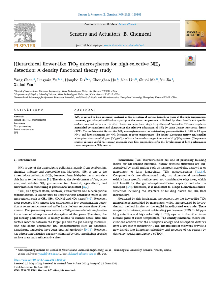 Hierarchical flower-like TiO2 microspheres for high-selective NH3 detection: A density ...