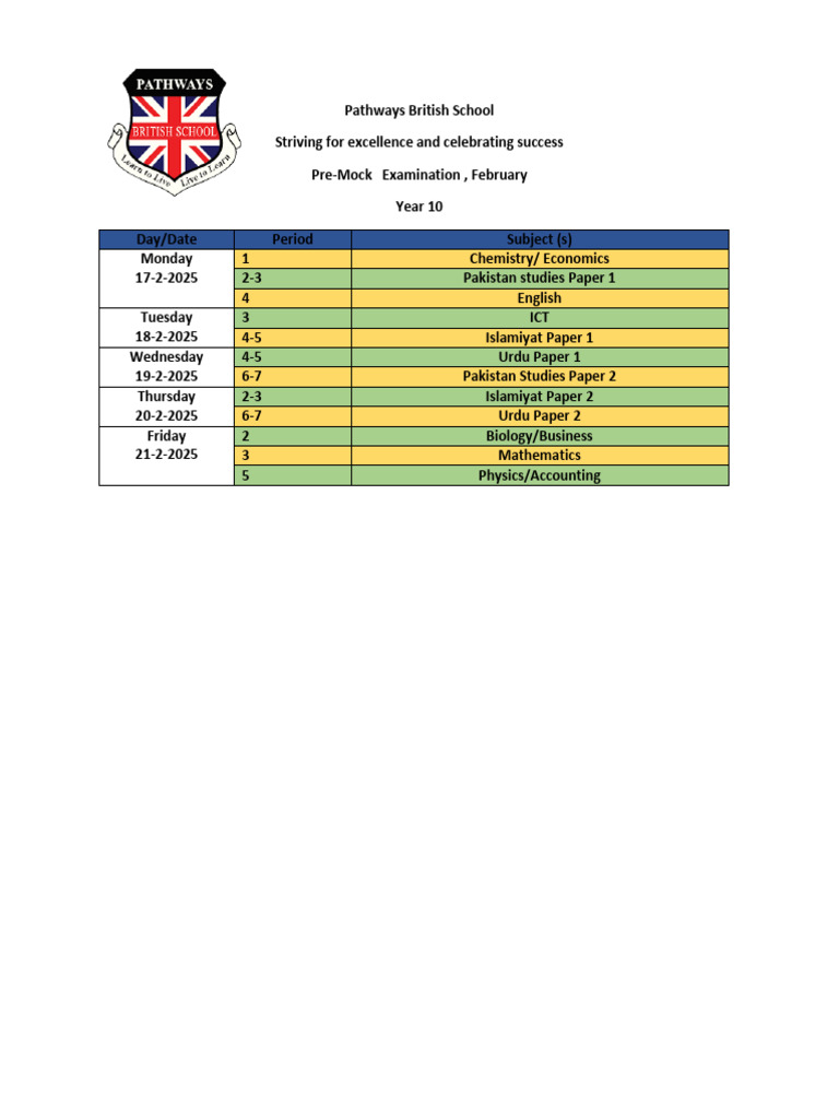 Pathways British School-Year 10 Pre-Mock Timetable 1.0 | PDF