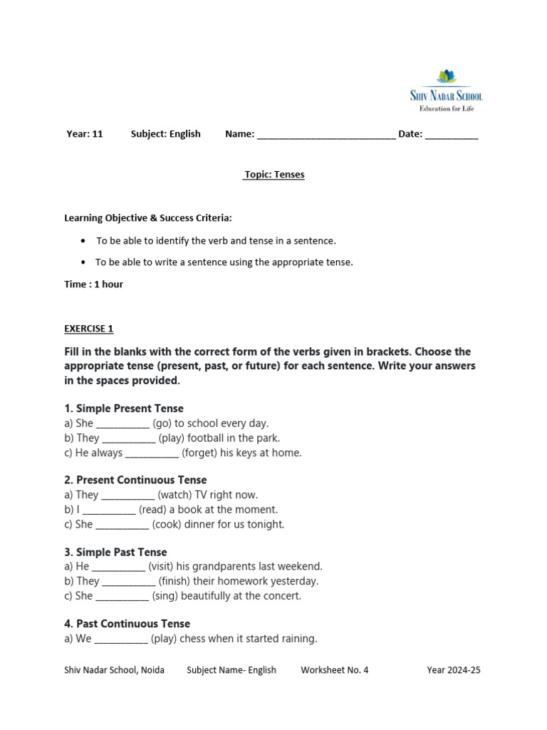 Grade 11 - Tenses Worksheet & Answer Key | PDF | Grammatical Tense | Subject (Grammar)